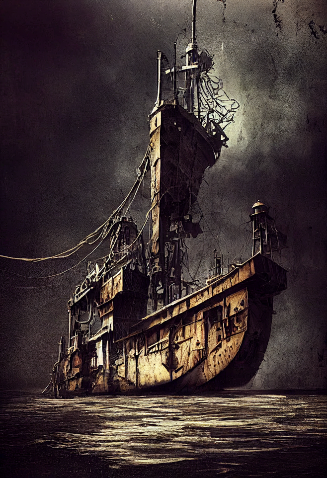 A massive dieselpunk pirate ship, sailing the seas of oil slicks, wind ...