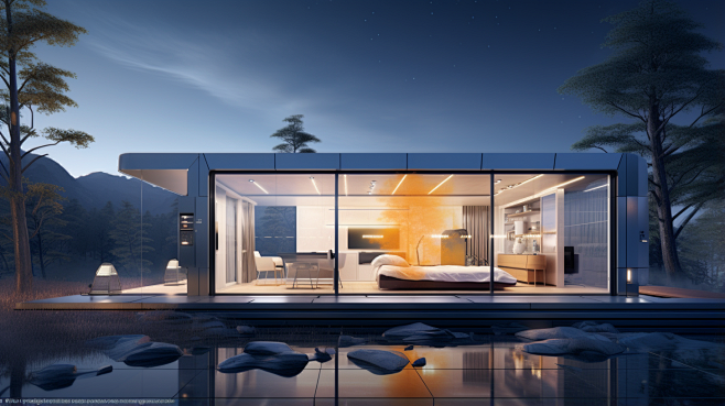 an electric modular home with natural scenery outside, in the style of ...