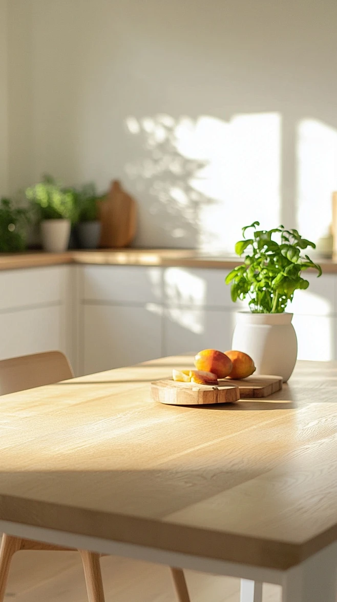 light wood table in white kitchen and clean ambiance. taken with ...