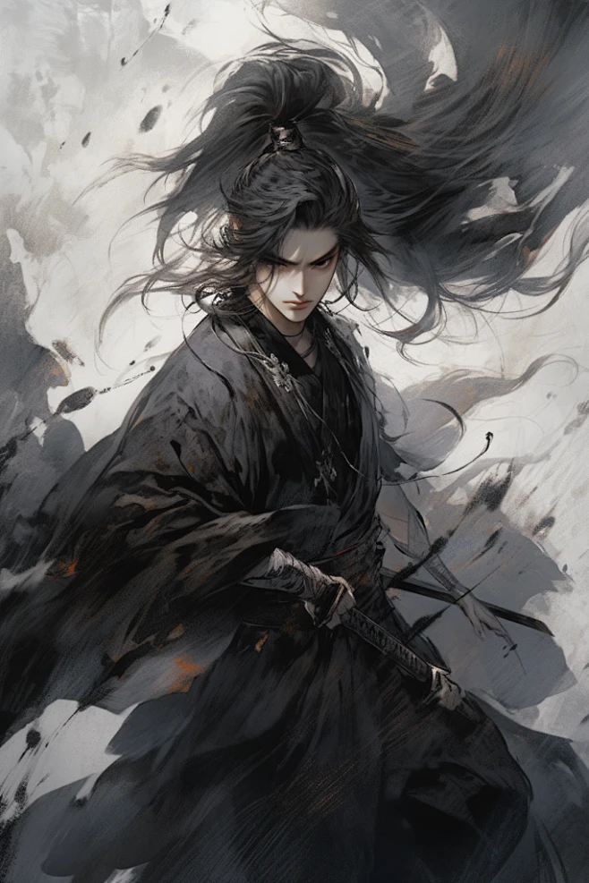 古风少年水墨武侠剑客插画-花瓣网