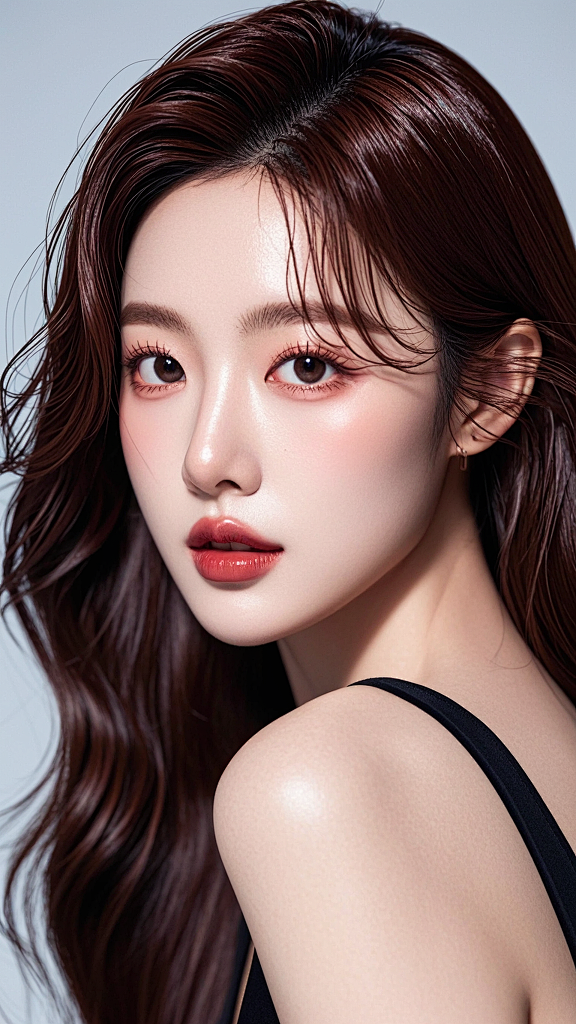 一位韩国风情美女，超真实现实拍摄半身照，135mm镜头，1
