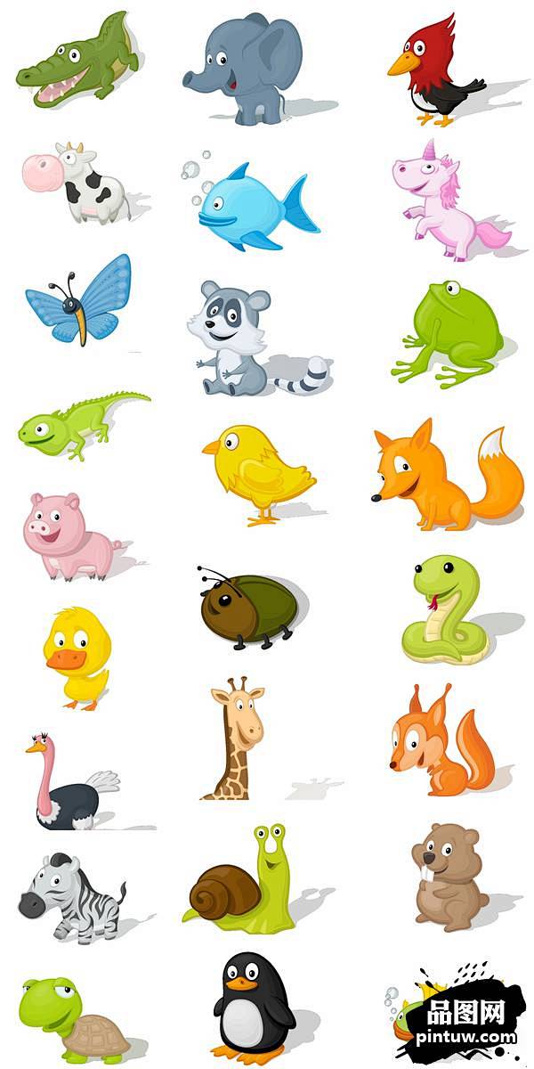 卡通动物矢量_1 卡通、拟人化动物、动物矢量、鳄鱼、大象、乌鸦、奶牛、鱼、马、蝴蝶、熊、鳄鱼、鸭子、猪、狐狸、小鸡、长颈鹿、鸵鸟、蛇、乌龟