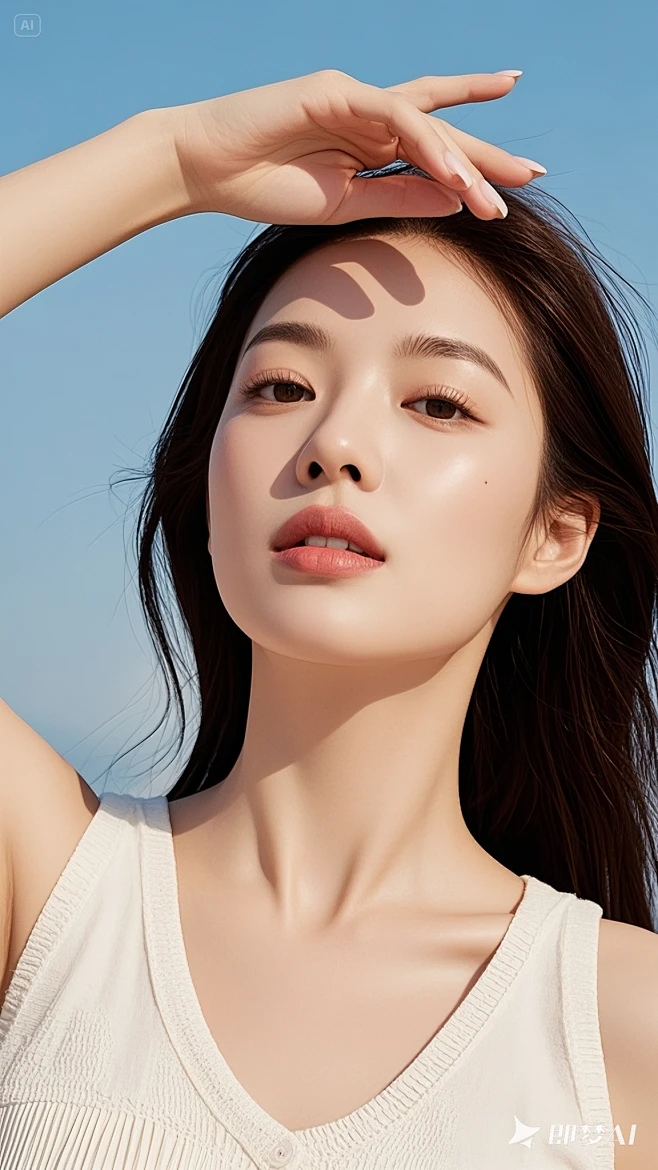 jimeng-2025-04-28-79-阳光照射着一位美丽的韩国模特，优雅。模特做出遮阳动作，背景简约，干净美学，高级杂志风格。4K超高清 ...