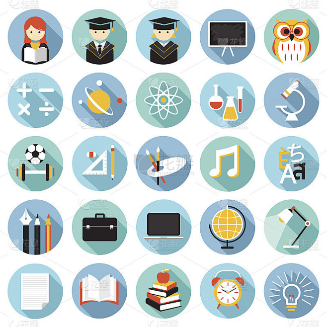 一套25个圆形的学术研究图标