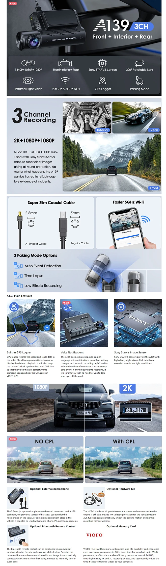 3 Channel Dash Cam VIOFO A139, Front+Interior+Rear 1440P+1080P+1080P ...