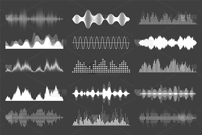声波集合。模拟和数字音频信号。音乐均衡器。干扰录音。高频无线电波。矢量图素材-花瓣网