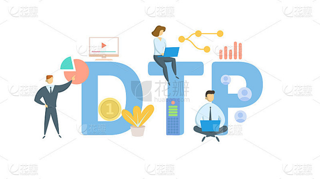 DTP,桌面出版。概念与关键字，人和图标。平面向量插图。孤立在白色的。