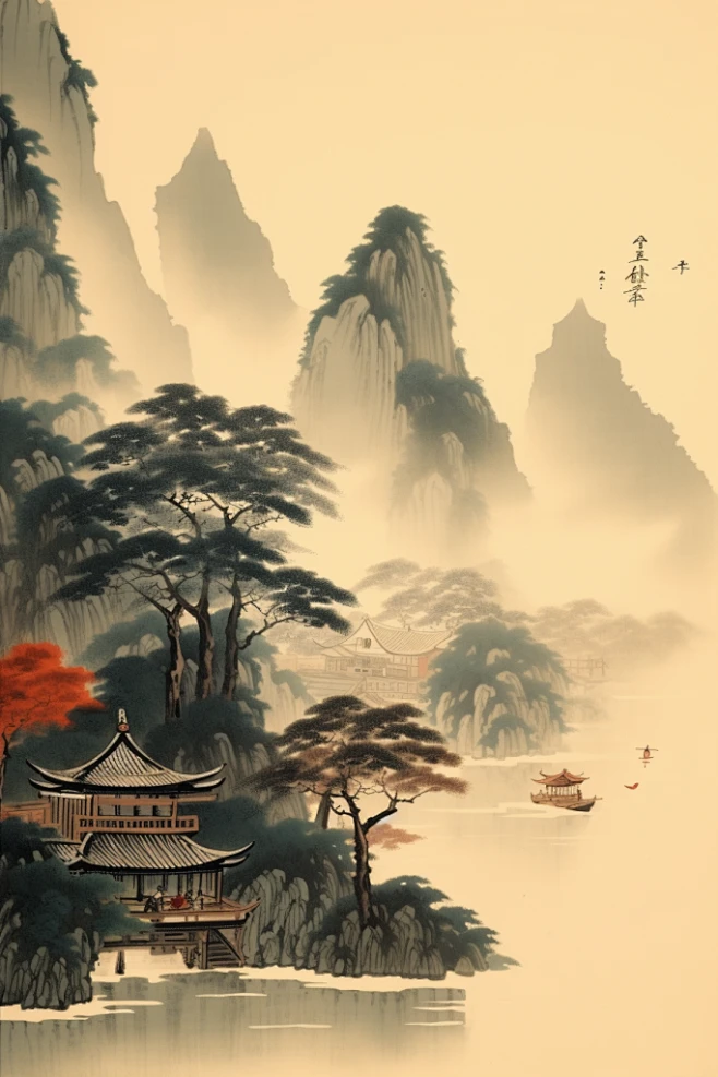 古墨中国风水墨山水插画-花瓣网