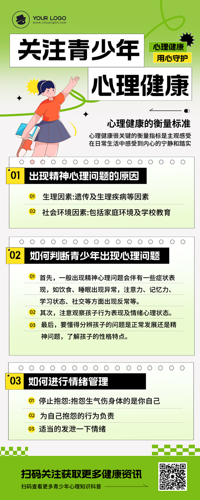 【简约风绿色青少年心理健康知识科普海报】 长图海报在线设计 创客贴