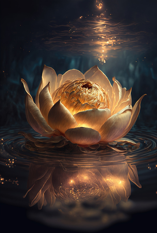 golden-lotus-rose-blooms-night-water-swamp-fantasy-magic-flower-yellow ...