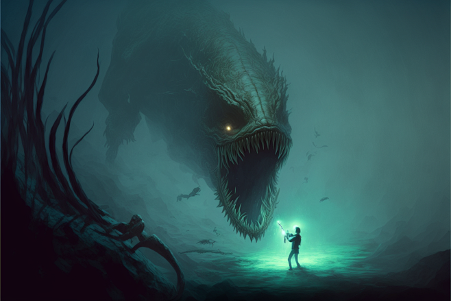 Man drowning deep underwater with big giant monster lurking background ...