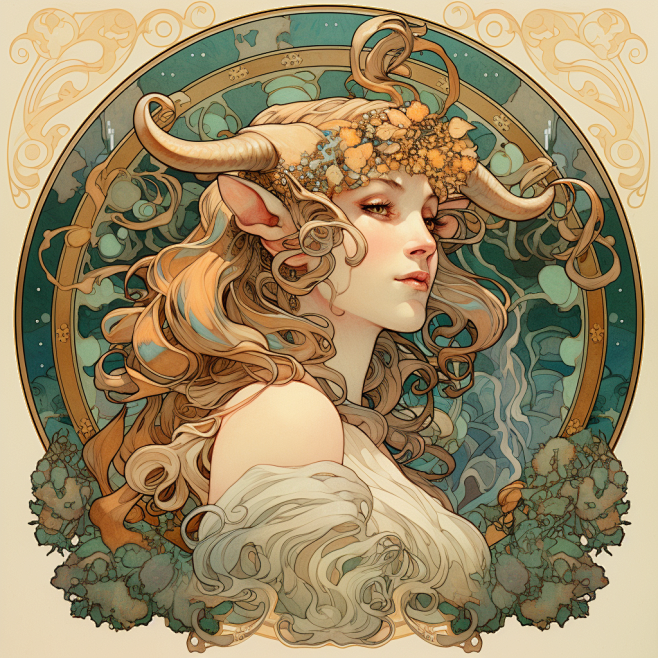 穆夏风格十二星座摩羯座插画