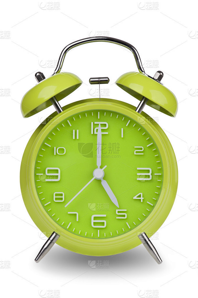 Green alarm clock with the hands at 5 am or pm iso