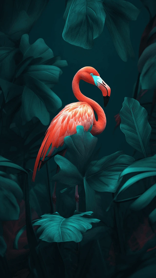 one tropical flamingo surrounded by exotic leaves, by Paul Barson ...