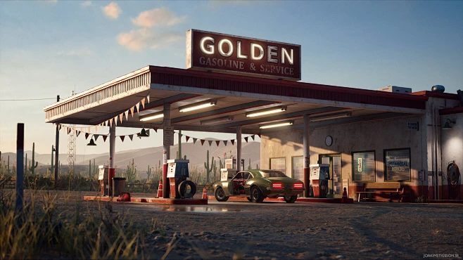 CG资产库-Golden Gasoline - Desert Gas Station - UE4-花瓣网