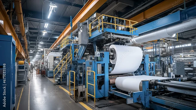Modern paper mill factory with machines turning wood pulp into rolls of ...