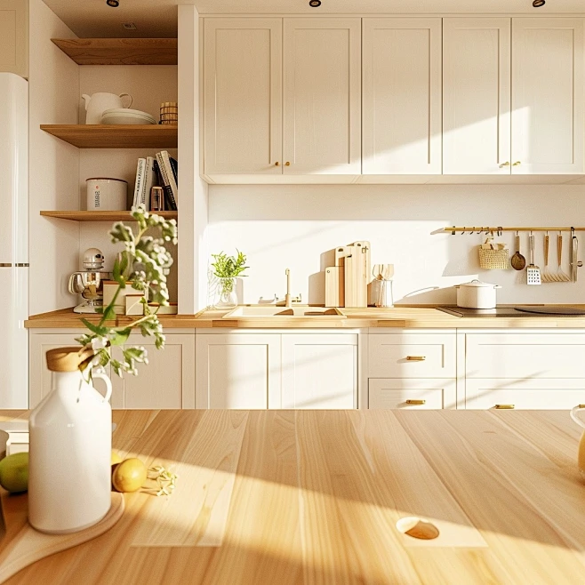 Spacious and bright cabinets with Japanese wooden countertops, clean ...