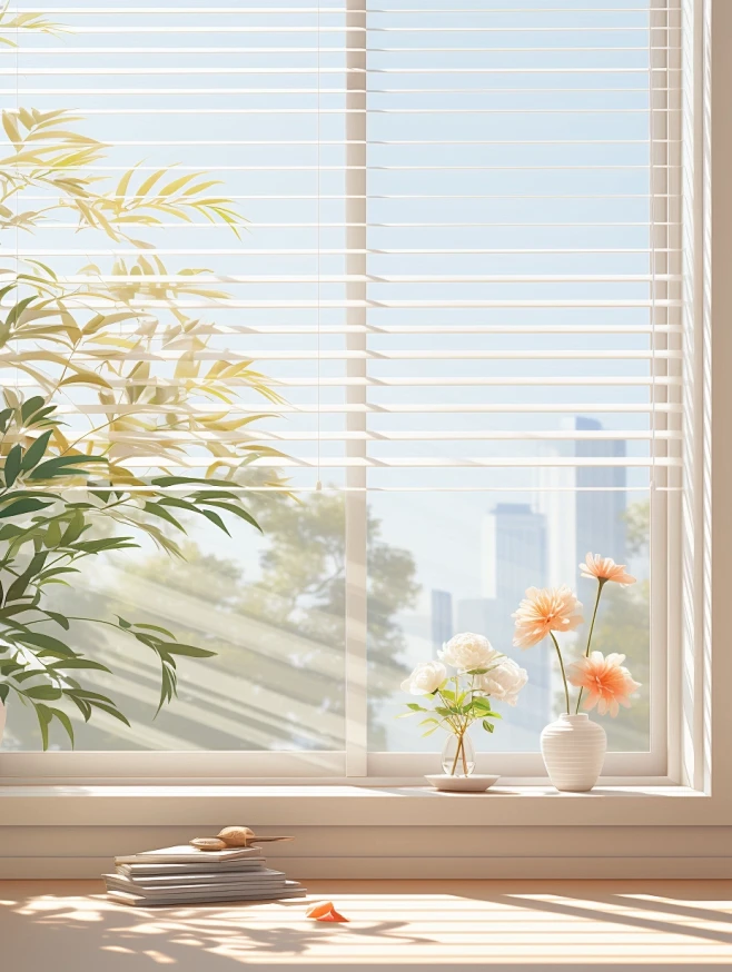 An empty window with plants and blinds, in the style of light white and ...