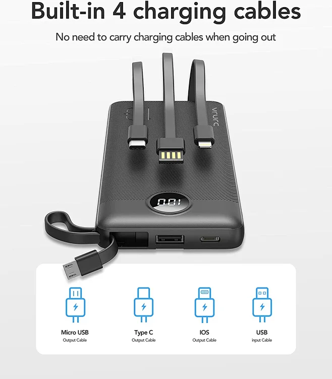 Amazon.com: Portable Charger with Built in Cables,VRURC 10000mAh Ultra ...