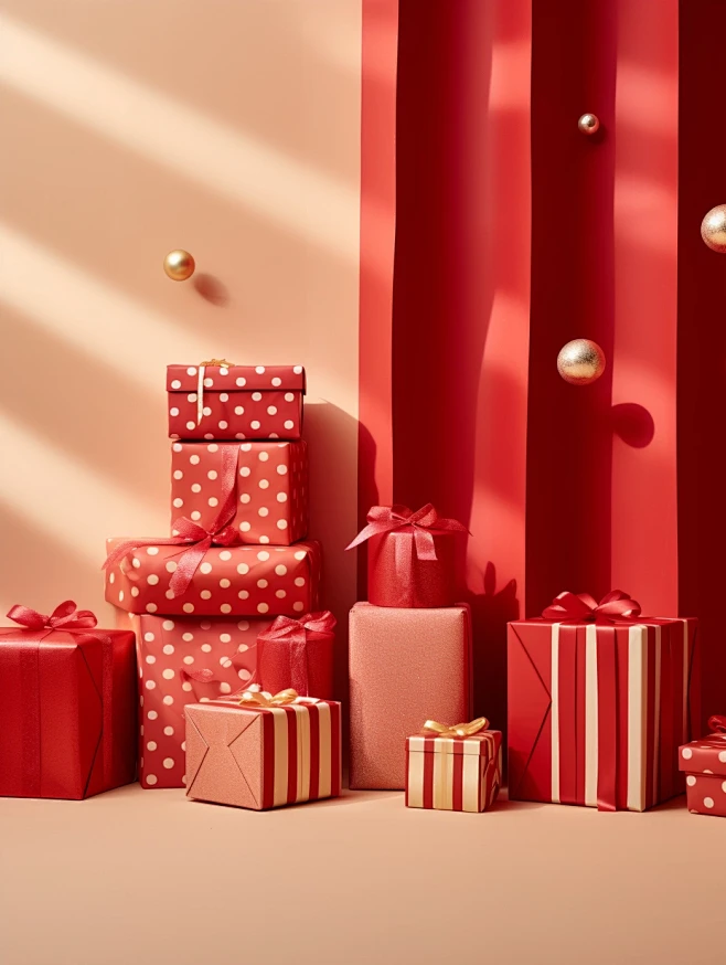 Gifts with red boxes and gold foil on a shelf, in the style of ...