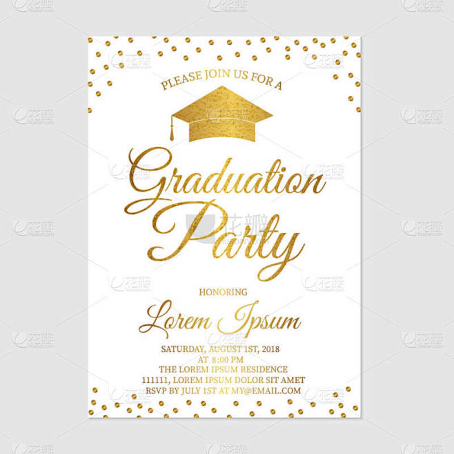 Graduation party invitation card template. Gold gl
