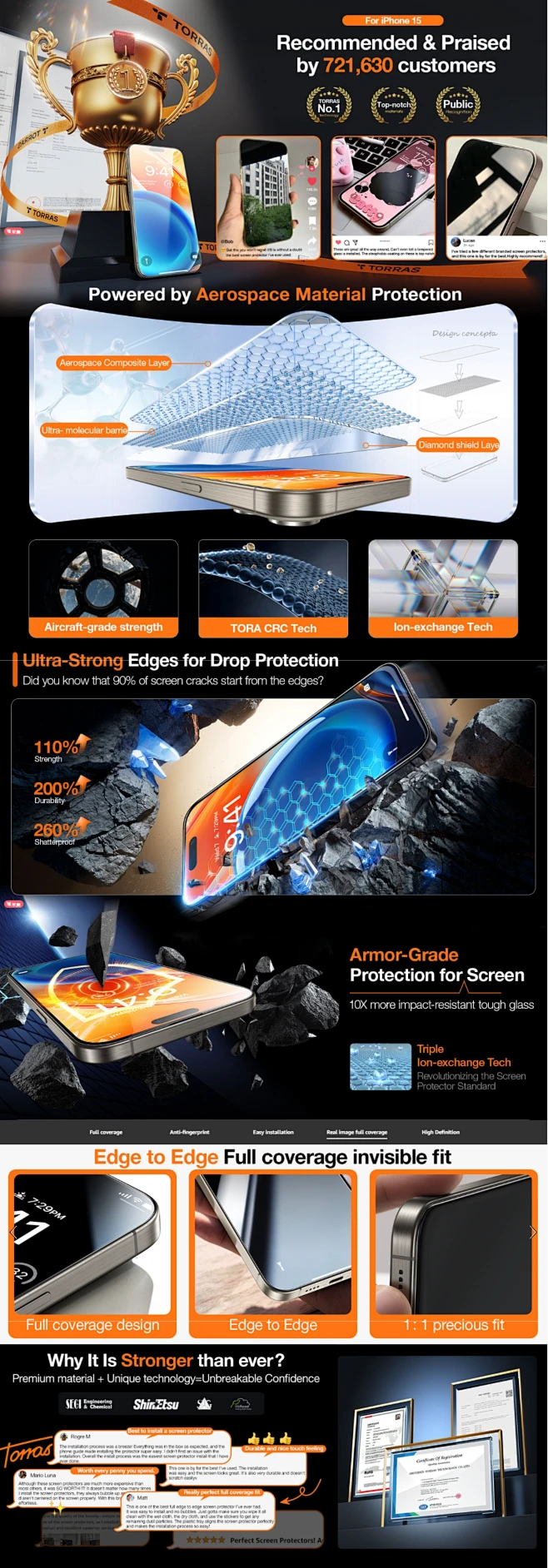 Amazon.com: TORRAS Top-Notch Diamond Shield for iPhone 15 Screen ...