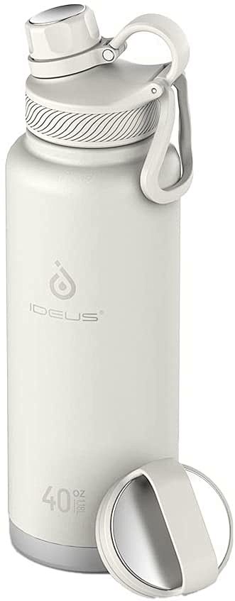 Amazon.com: IDEUS 绝缘不锈钢水瓶,带 2 个防漏盖,用于徒步骑行的保温水瓶,40 盎司,白色 : 家居厨房用品