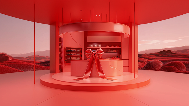 ls7623_A_popup_store_design_with_a_red_ribbon_shaped_as_a_bow_a ...