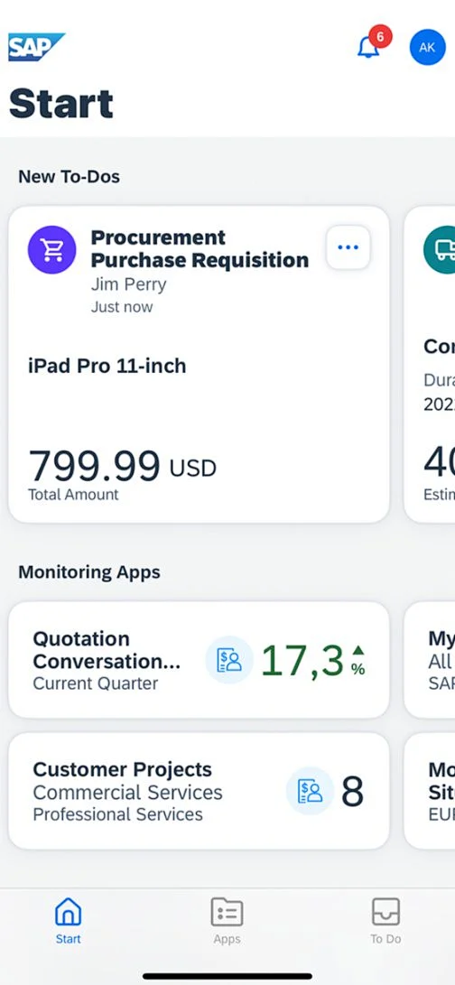 mobile screenshot showing SAP Mobile Start app-花瓣网