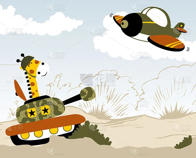 playing war cartoon with funny giraffe素材-花瓣网