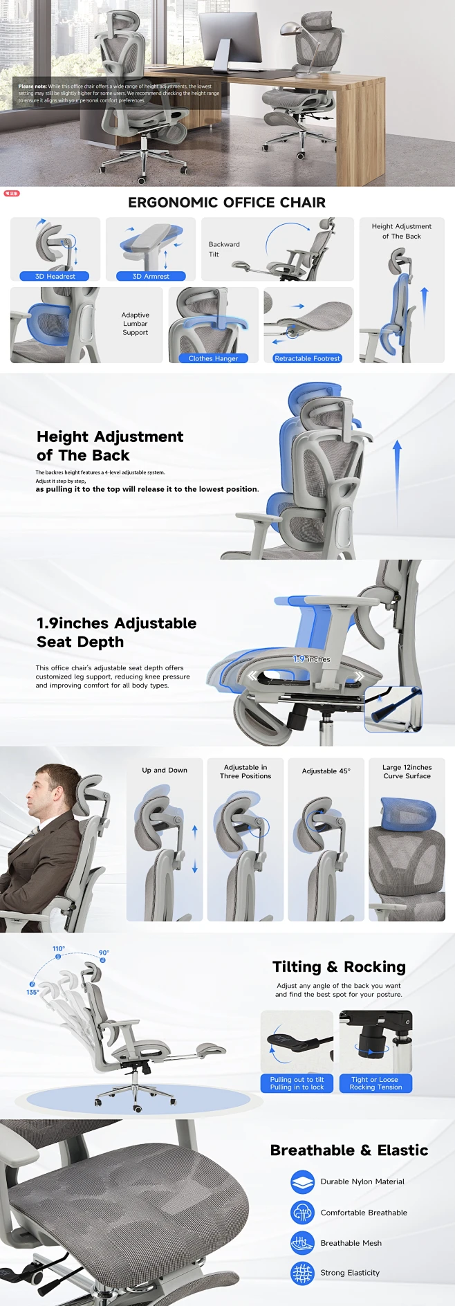 Amazon.com: Ergonomic Mesh Office Chair with Foot Rest, Big and Tall ...
