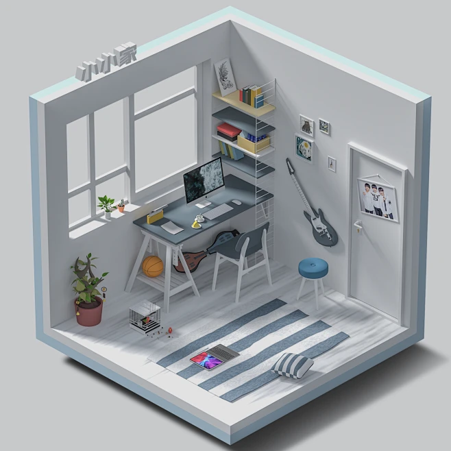 C4D小小家2.5D室内小房间建模渲染-花瓣网