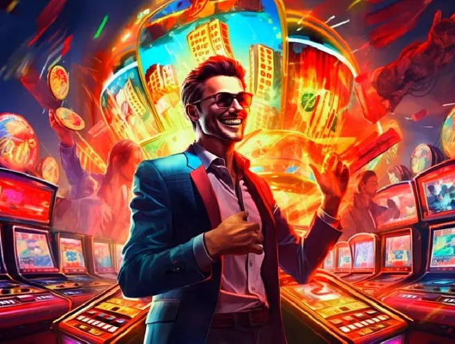 This may contain: a man in a suit and sunglasses standing next to slot ...