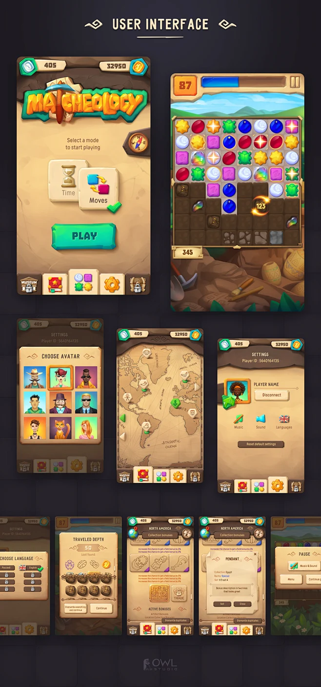 archaeologist buttons design Game Art icons Magic Stone owl studio UI UI/UX ux-花瓣网