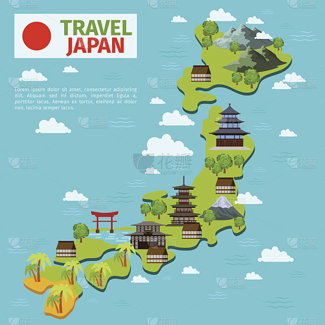 日本旅游矢量地图与传统的日本地标素材-花瓣网