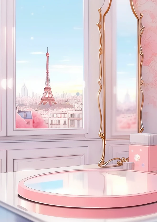 a pink mirror sitting next to a vanity with a window and a white tile ...