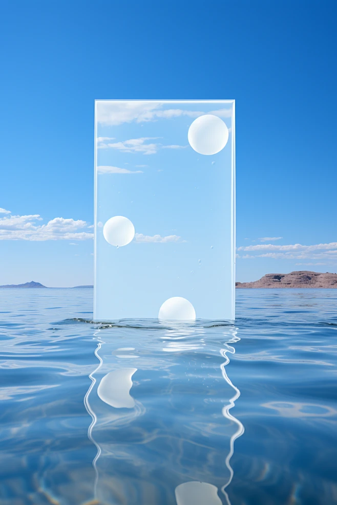 a white card floating on a blue sea, in the style of minimalist stage ...