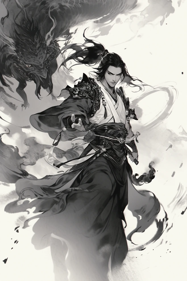 古风少年水墨武侠剑客和龙插画-花瓣网