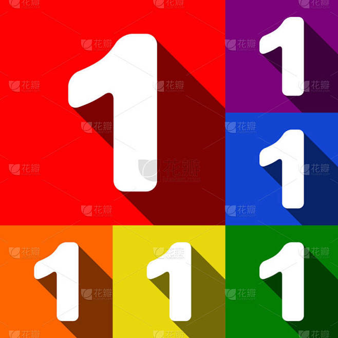 1 号标志设计模板元素。矢量。一套与平面阴影在红色、 橙色、 黄色、 绿色、 蓝色和紫色背景图标.