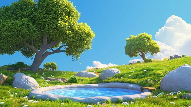 A Pixar-style outdoor hot spring scene in high-definition 3D, with a ...
