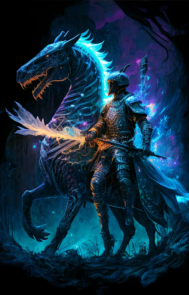 bioluminescent knight slaying dragon-花瓣网