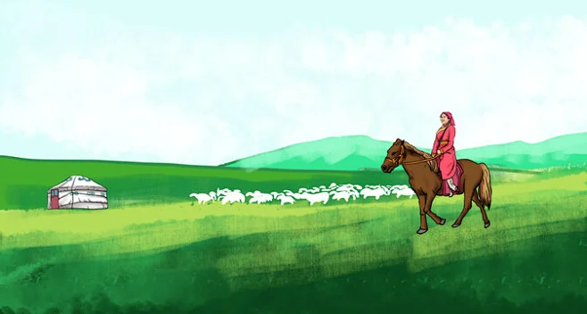 蒙古草原骑马放羊插画-花瓣网