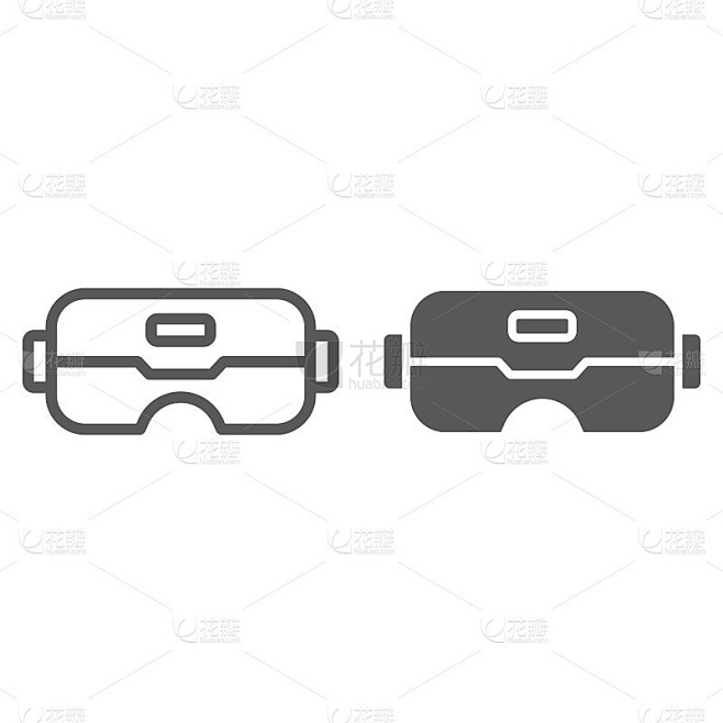 VR眼镜的线条和字形图标，游戏和玩，VR面具标志，矢量图形，白色背景上的线性图案。