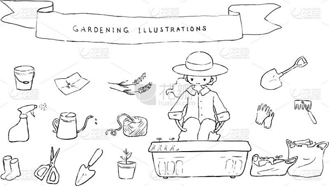 Gardening line art illustration set