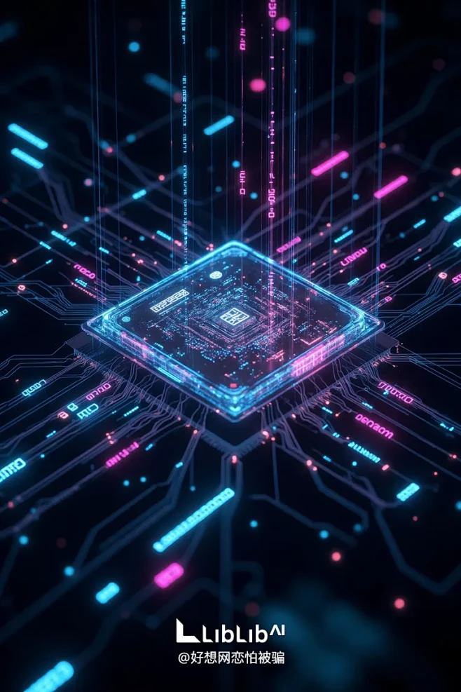 LiblibAI-CPU-一张超逼真的未来派CPU核心悬浮在流动的二进制数据流（0101模式）漩涡中的照片，发光的数字像数字常春藤一样环绕在 ...