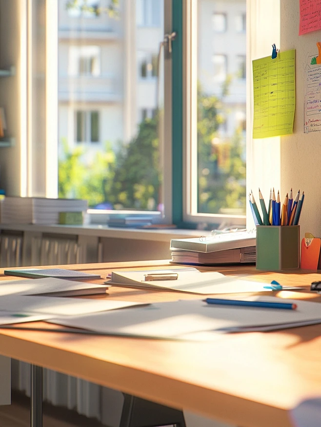 Primary school classroom desk desktop, overlooking perspective ...