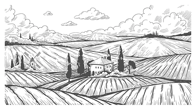 Countryside engraving. vintage natural landscape sketch with rural ...