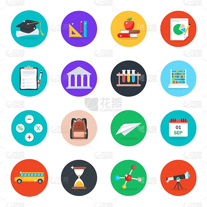 Education Icons in Flat Rounded Style Pack素材-花瓣网