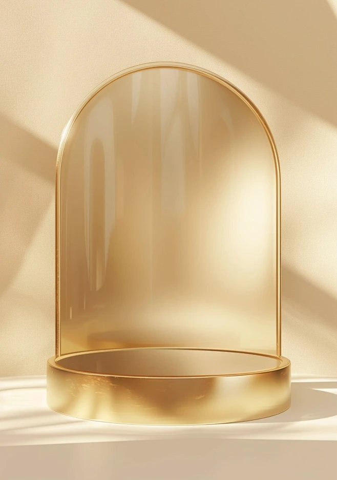 A minimalist gold circular podium with straight lines and curves. The ...