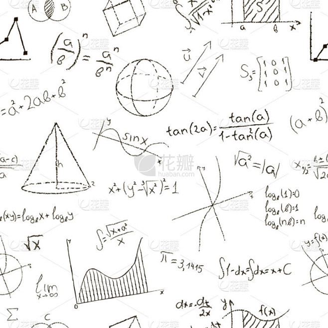 粉笔绘画的影响。数学公式和图表在白色背景上。无缝模式。矢量图